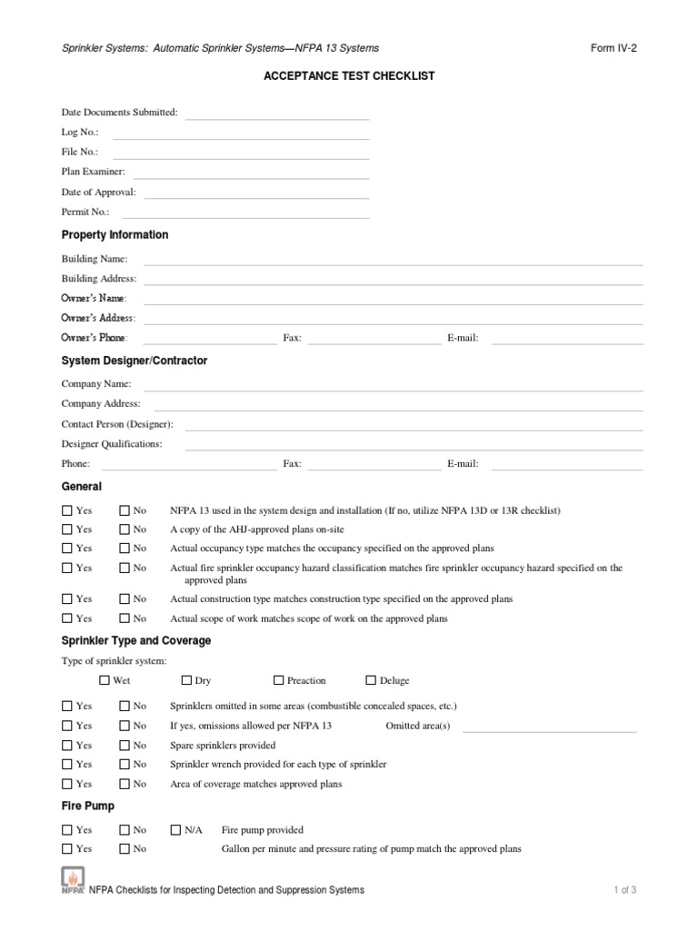 Automatic Sprinkler Systems Acceptance Test Checklist NFPA 13 PDF | PDF ...