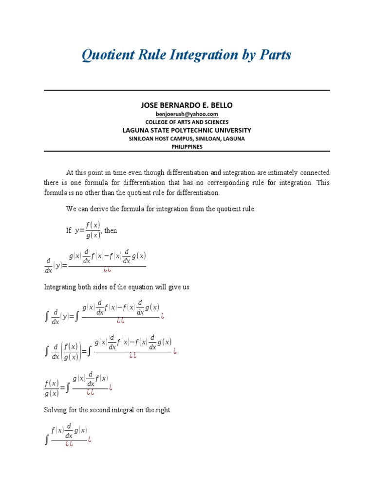 Quotient Rule Integration by Part1 | PDF | Trigonometric Functions | Sine