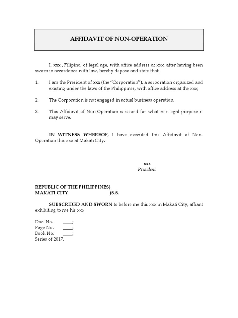 Affidavit of Non-Operation for Corporations | PDF