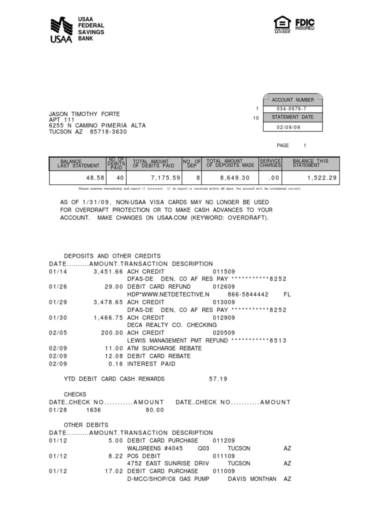 Usaa Federal Savings Bank: Account Number 1 0 3 4 - 0 9 7 6 - 7 ...