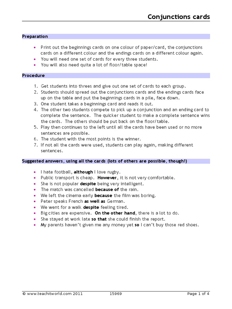 Conjunctions Card Game | PDF | Tabletop Games | Ephemera
