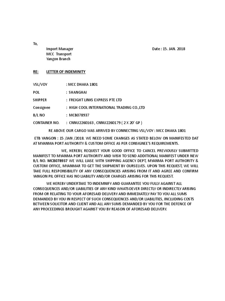 Letter of Indemnity for Cargo Changes | PDF | Business | Finance ...