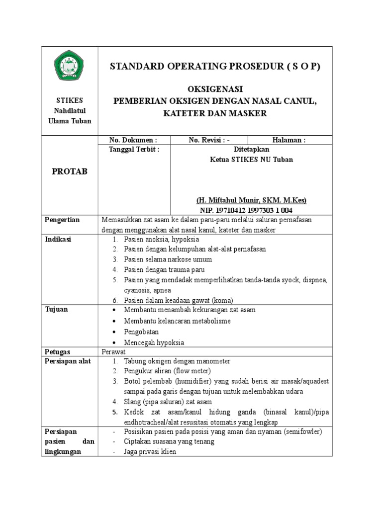 SOP Oksigenasi | PDF