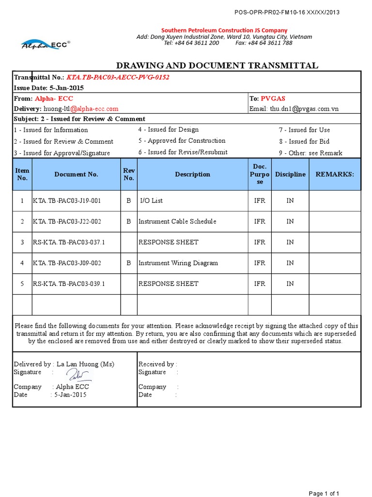 Transmittal - KTA - TB-PAC03-AECC-PVG-152 | PDF | Business