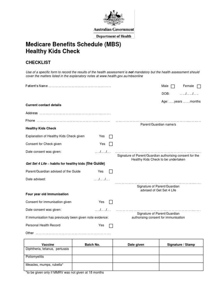 Medicare Benefits Schedule (MBS) Healthy Kids Check: Checklist ...