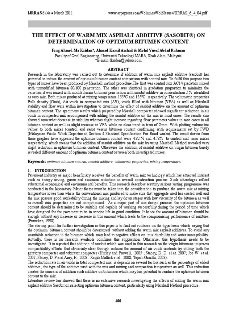 The Effect of Warm Mix Asphalt Additive (Sasobit®) On Determination of ...