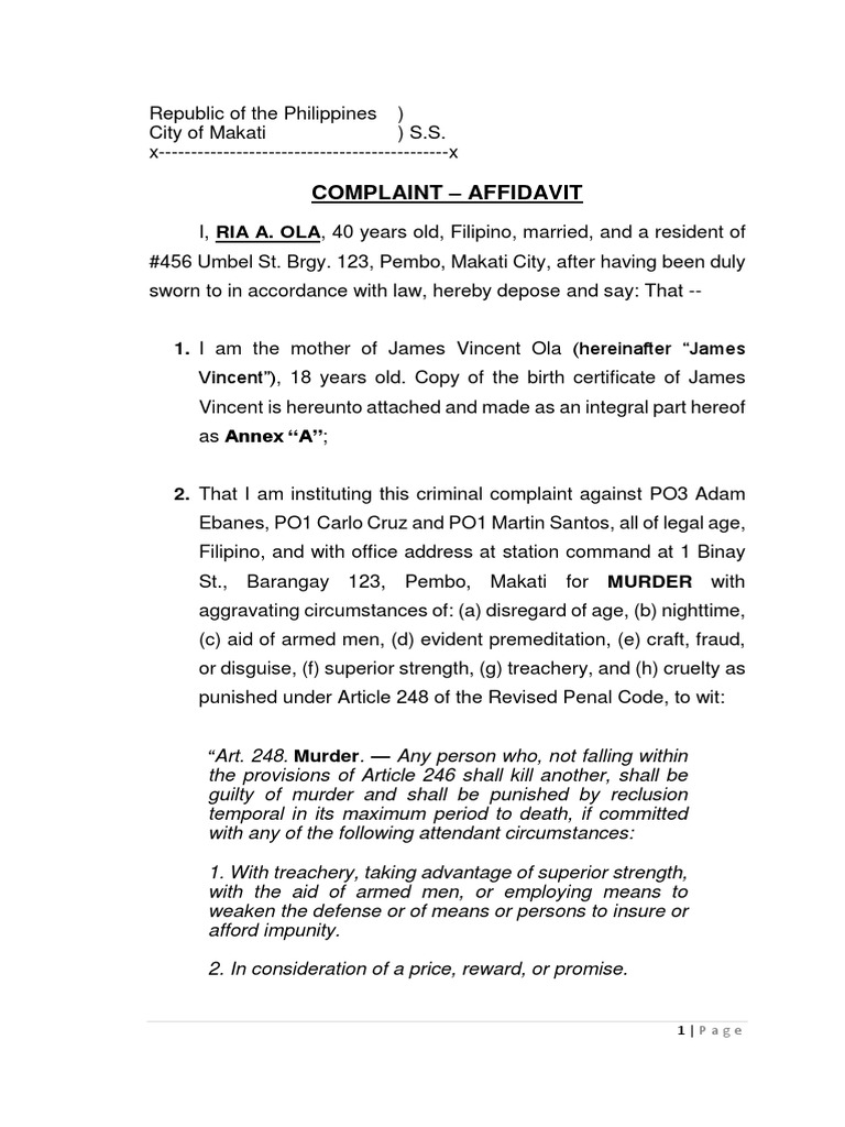 Complaint Affidavit Prac Court | PDF | Murder | Criminal Law