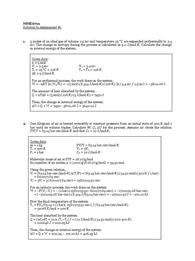 Sol Assign 1 | PDF | Thermodynamic Properties | Physical Quantities