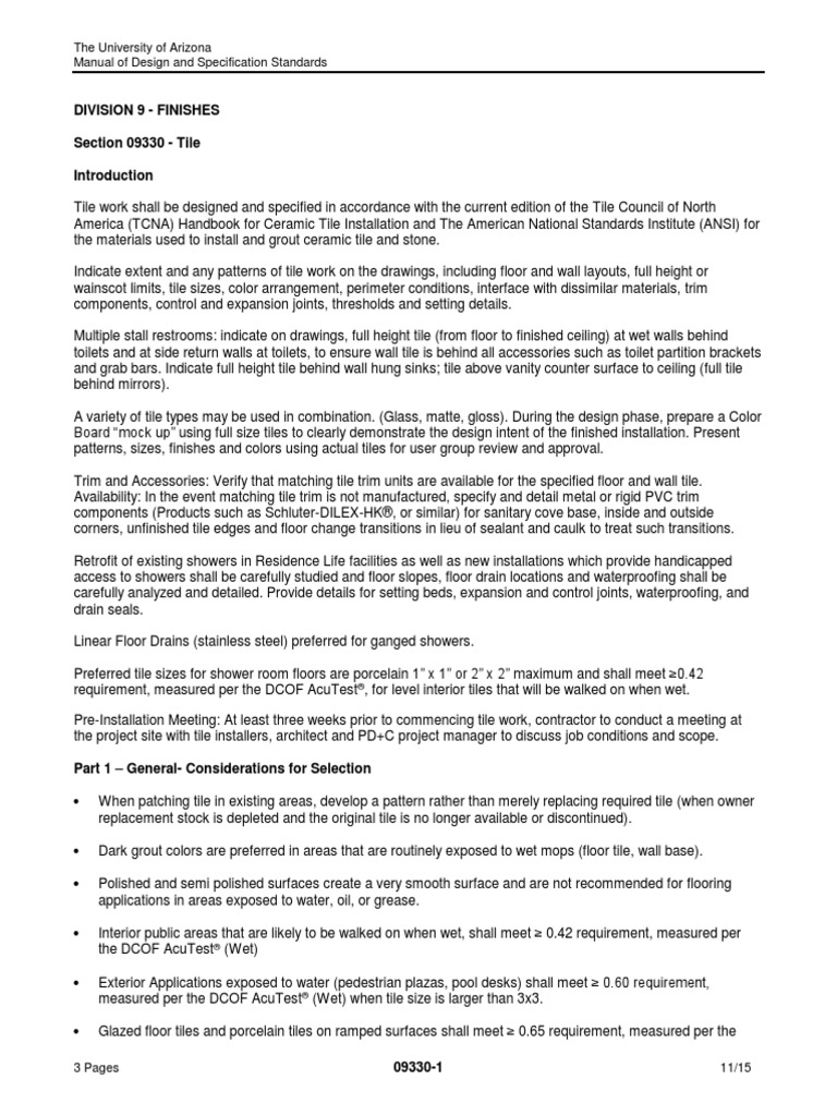 Division 9 - Finishes Section 09330 - Tile: The University of Arizona ...