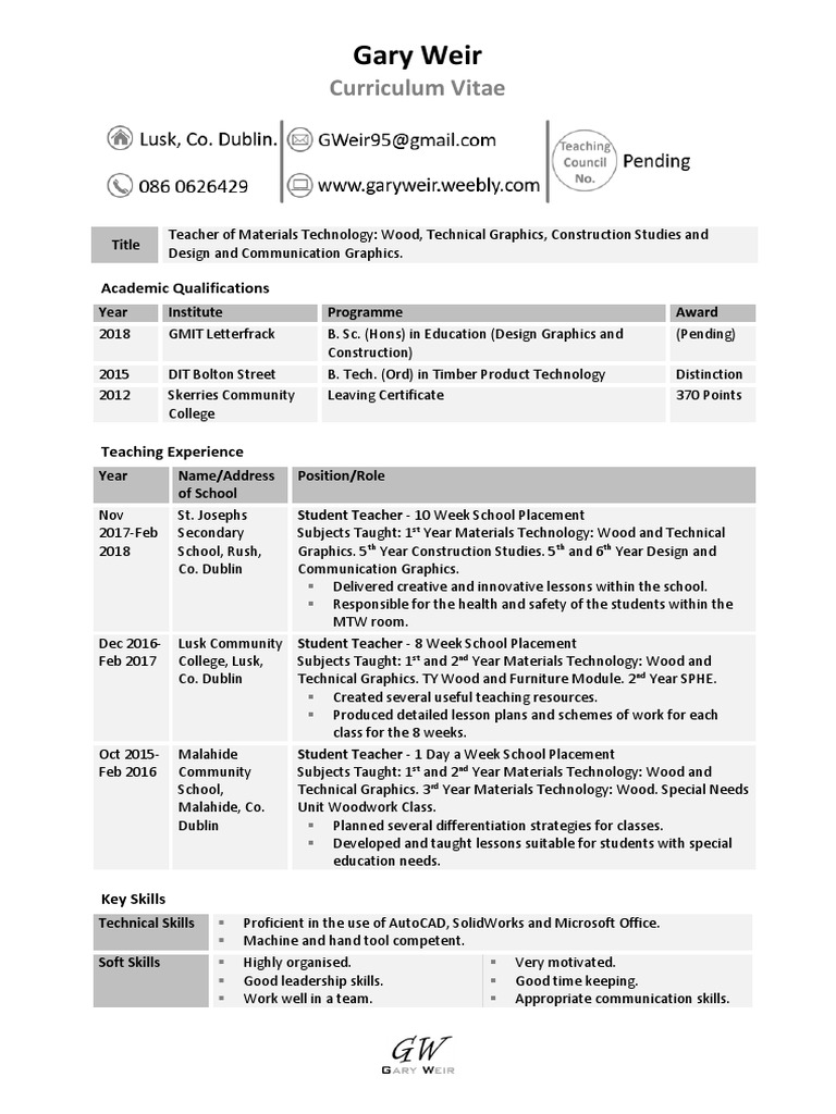 Gary Weir - CV | PDF | Schools | Teachers