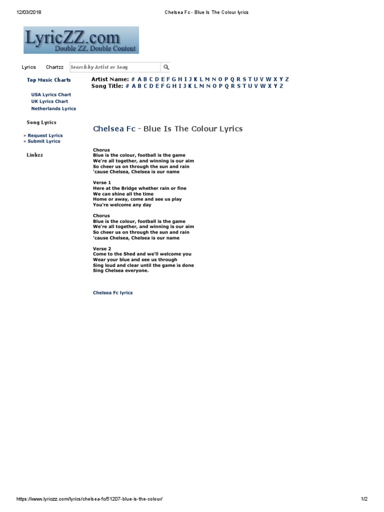 Chelsea FC: - Blue Is The Colour Lyrics | PDF