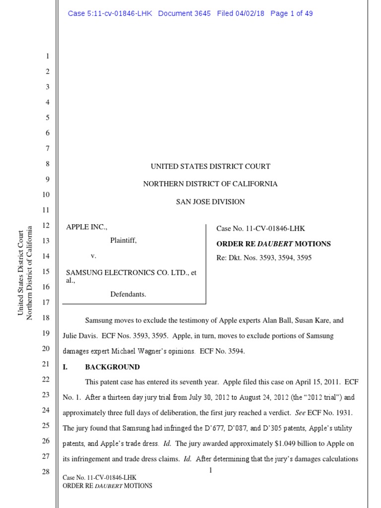Apple v. Samsung - Order Re Daubert Motions | PDF | Daubert Standard ...
