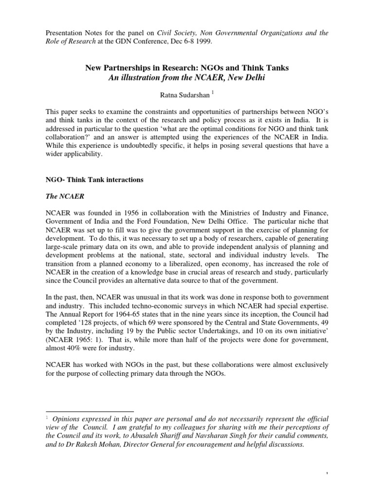 New Partnerships in Research: Ngos and Think Tanks: An Illustration ...