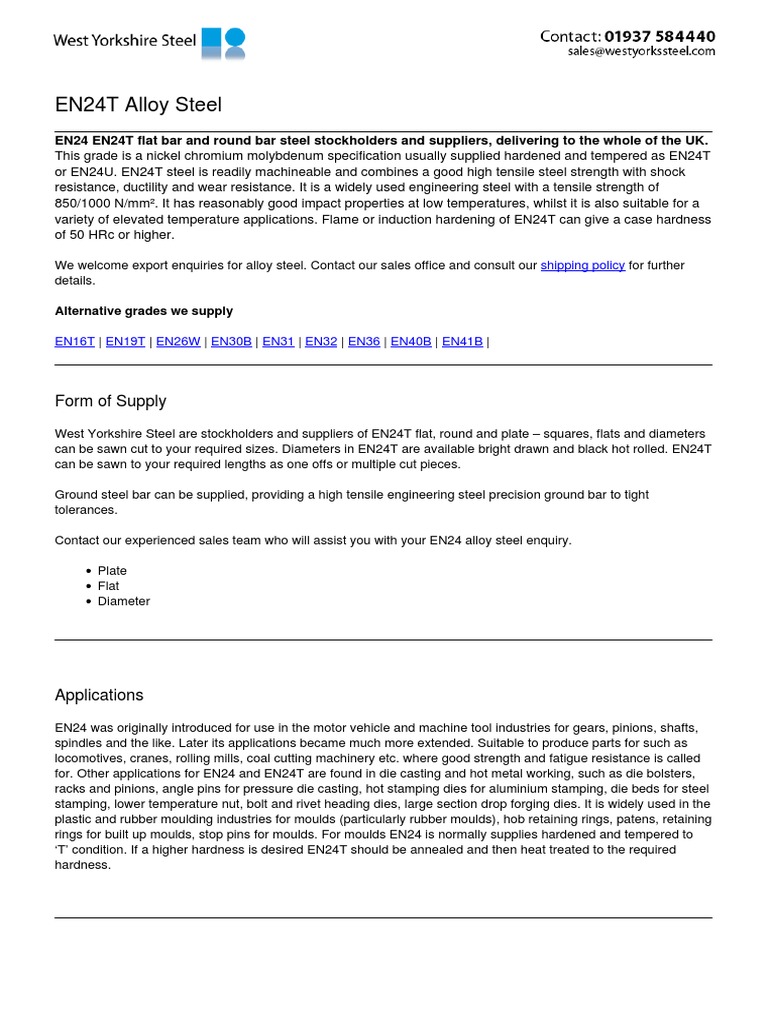 EN24T Alloy Steel: High Strength, Shock & Wear Resistant | PDF | Heat ...