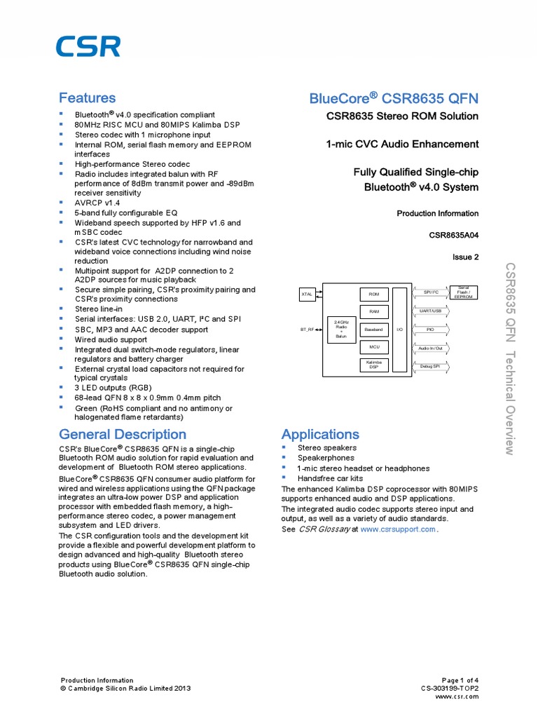 Csr8635 QFN Technical Overview | PDF | Bluetooth | Microcontroller