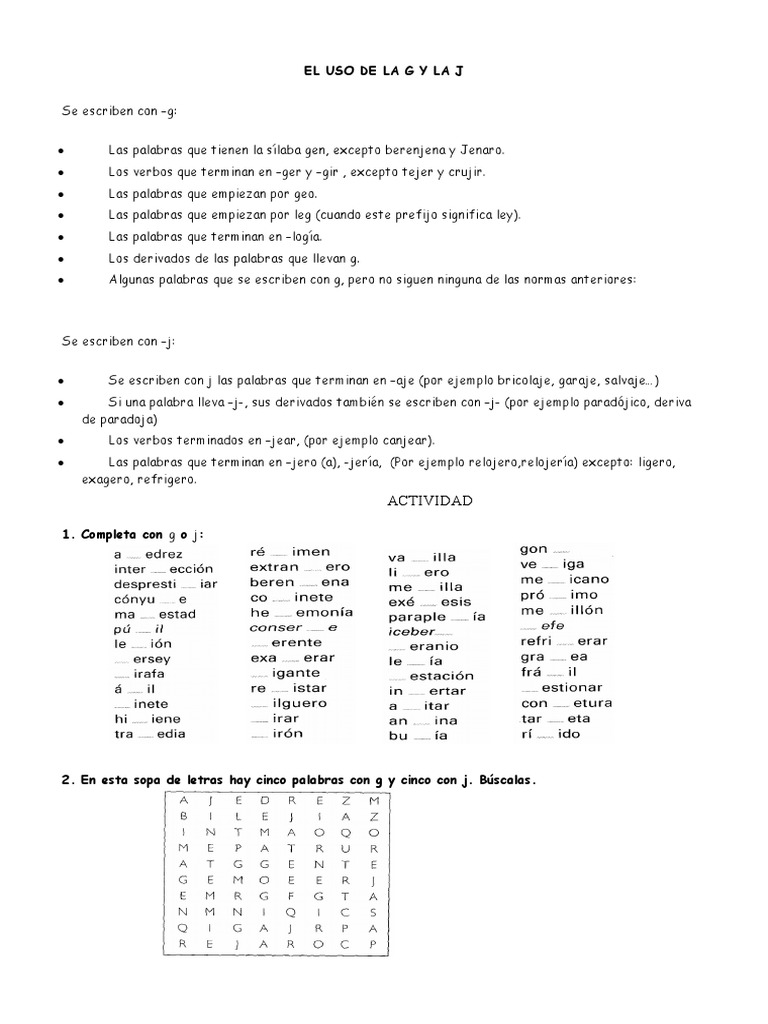 Ortografía de g J- Ejercicios