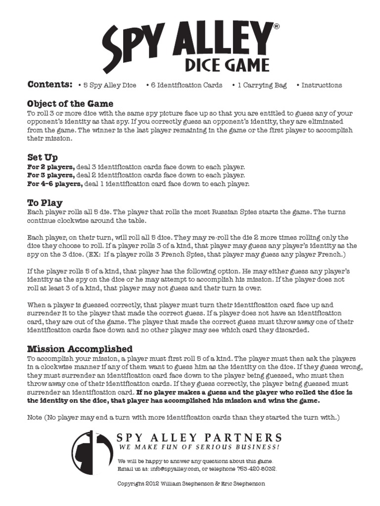 Spy Alley Spy Alley Dice Game Rules | PDF | Playing Cards | Card Games