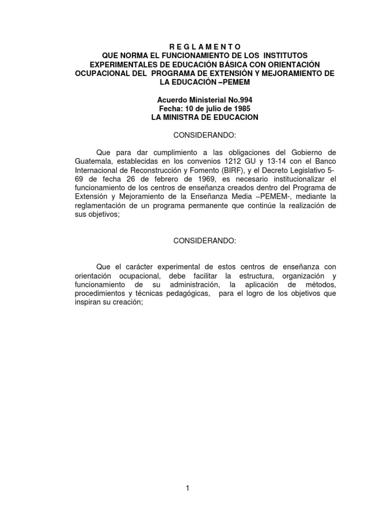 Reglamento del Programa PEMEM en Guatemala | PDF | Educación Secundaria ...