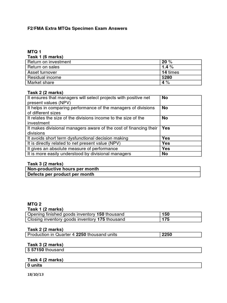 F2 and FMA Extra MTQs Exam Answers PDF | PDF