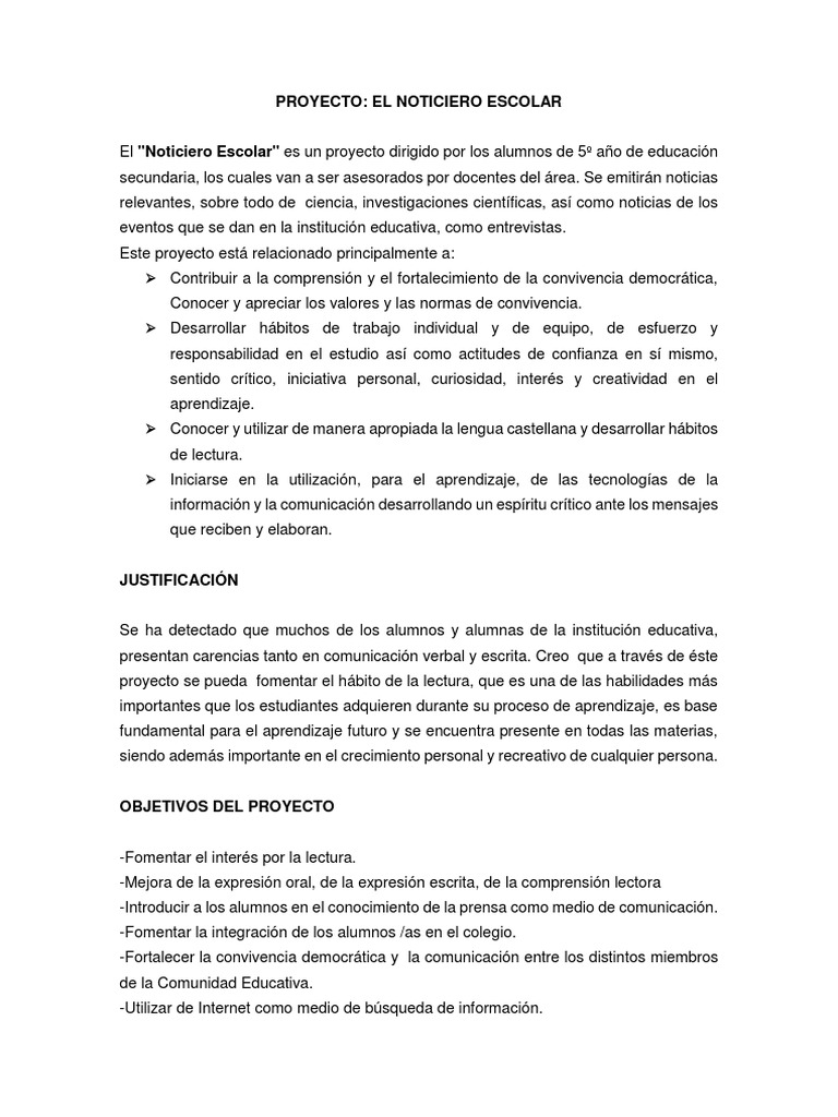 Proyecto Noticiero Escolar 2017 | PDF | Aprendizaje | Lectura (proceso)