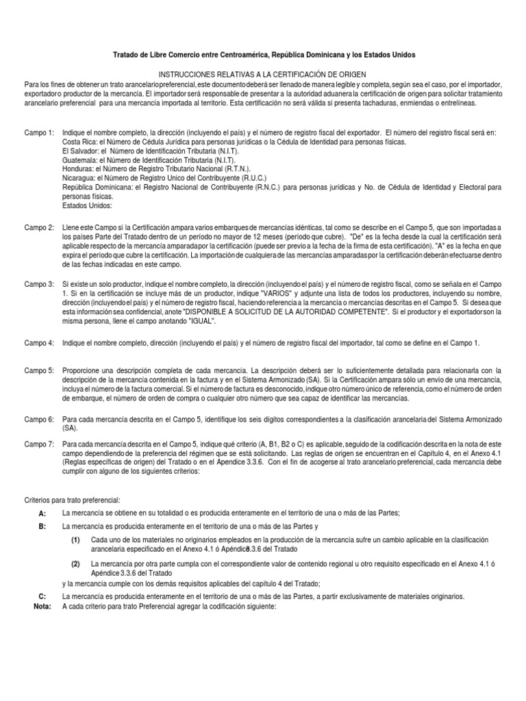 Instructivo de llenado Certificado de Origen CAFTA-DR.pdf | Comercio ...
