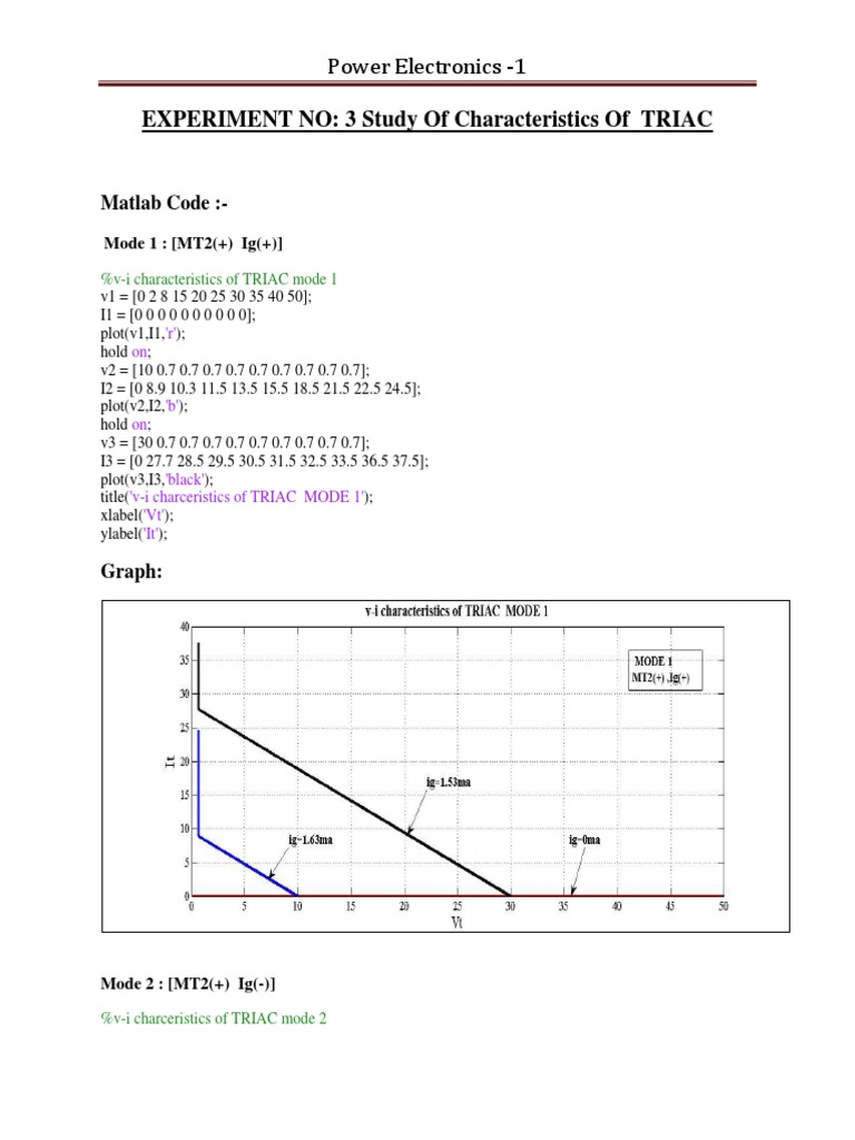 EXPERIMENT NO: 3 Study of Characteristics of TRIAC: Matlab Code | PDF