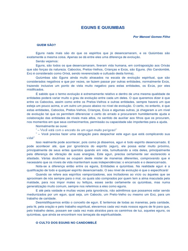 Egus e Quiúmbas, Manoel Gomes Filho - Port | PDF | Religião e crença