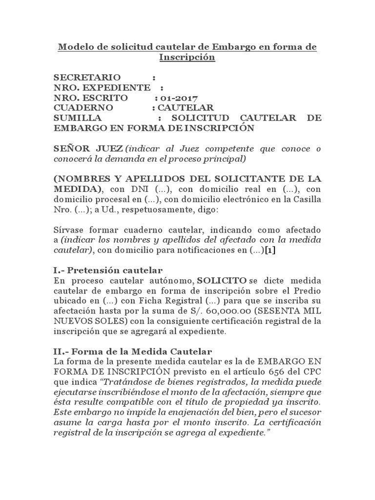Embargo en forma de Inscripción.docx | Mandato | Evidencia (ley)