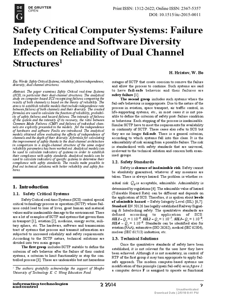 Safety Critical Computer Systems: Failure Independence and Software ...