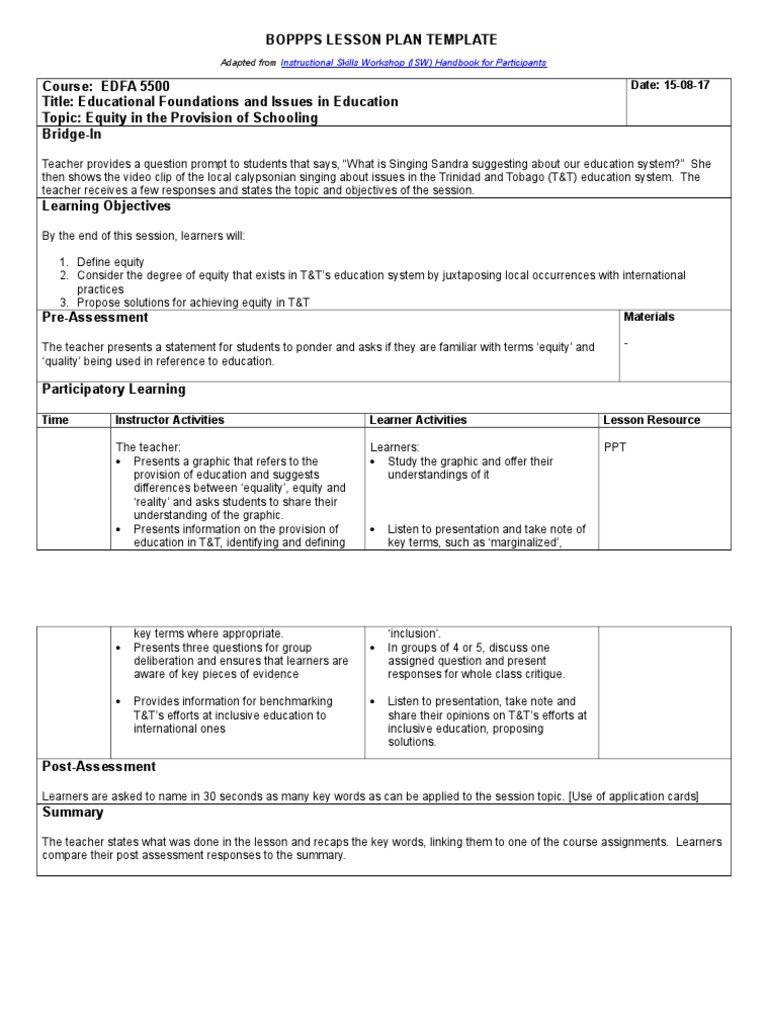 rlee-piggott - boppps lesson plan 1 | Lesson Plan | Inclusion (Education)