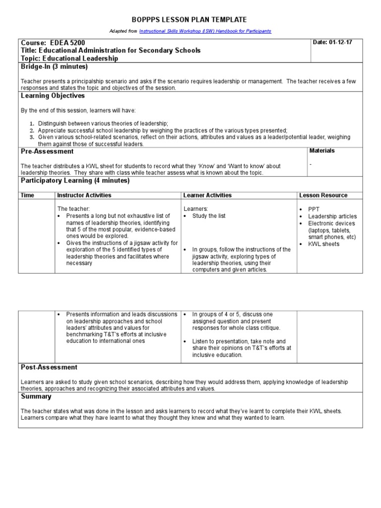 Rlee-Piggott - Boppps Lesson Plan 2 | PDF | Leadership | Learning