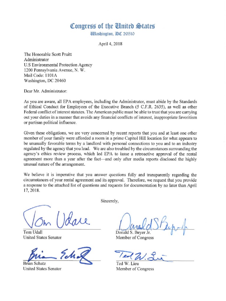 Letter To EPA Administrator Pruitt On Favorable Rental Deal