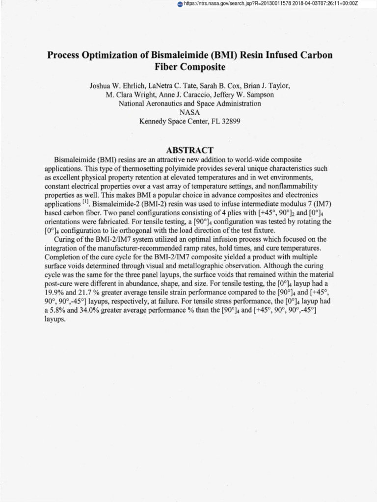 Process Optimization of Bismaleimide (BMI) Resin Infused Carbon Fiber ...
