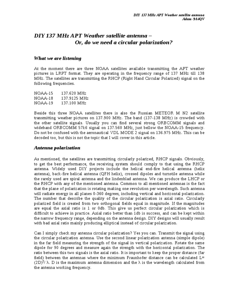 DIY 137 MHz APT Satellite Antenna Guide | PDF | Antenna (Radio ...