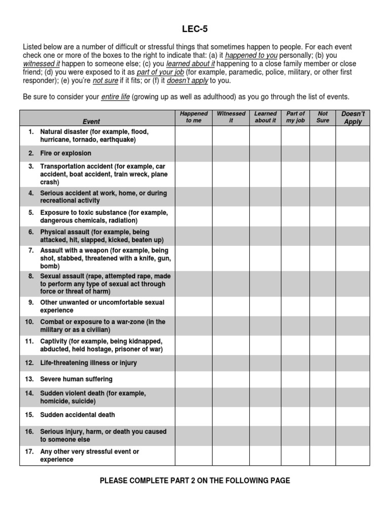 PCL-5 With LEC-5 and Extended Criterion A Assessment | PDF | Anger | Feeling