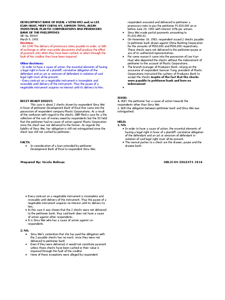 016 DBP v. Sima Wei (Bolinao) | PDF | Negotiable Instrument | Cheque