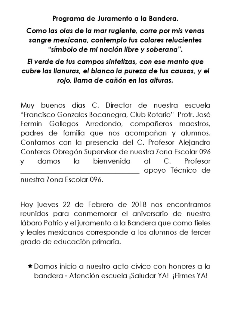 Juramento A La Bandera En Español Para Imprimir ACTO CÍVICO DE