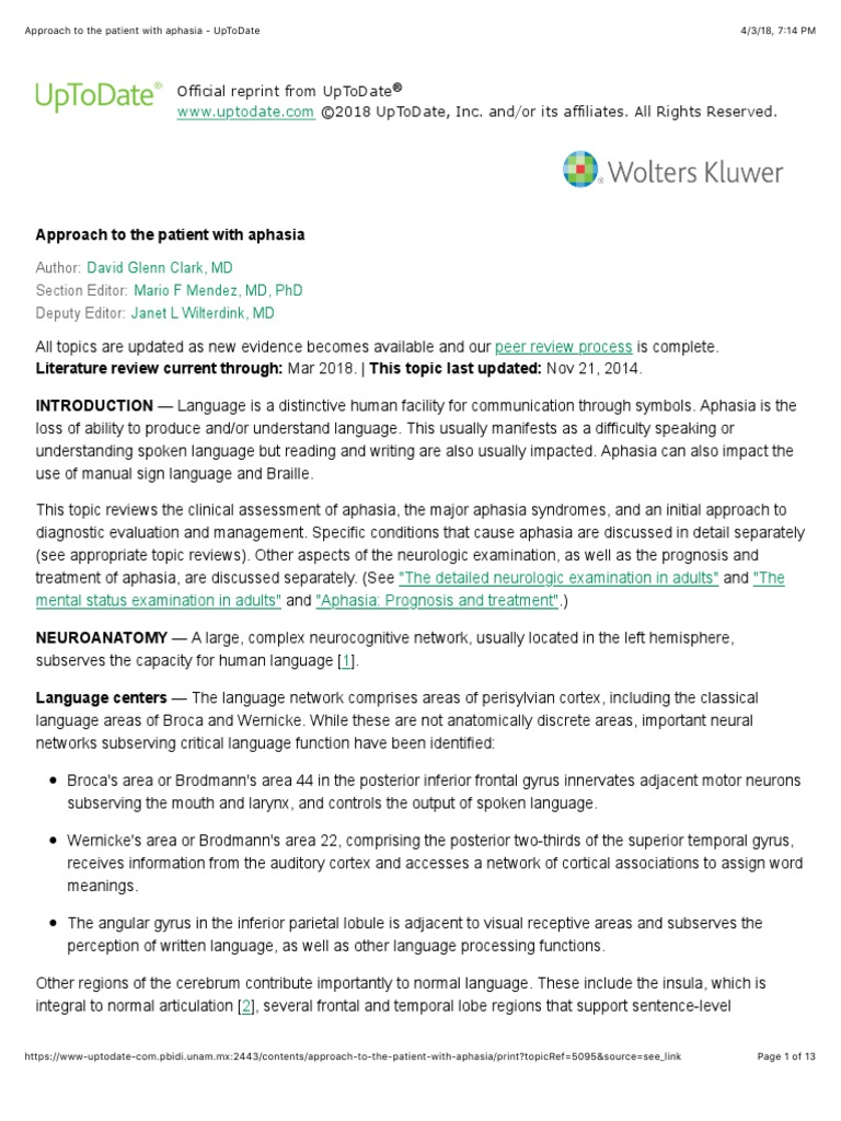 Approach To The Patient With Aphasia - UpToDate PDF | PDF | Aphasia ...