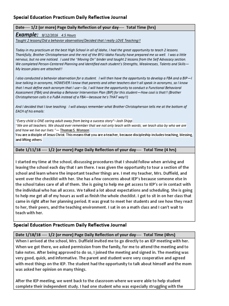 Example:: Special Education Practicum Daily Reflective Journal ...