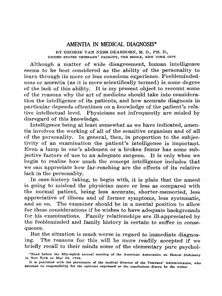 Amentia in Medical Diagnosis | PDF | Psychiatry | Medical Diagnosis