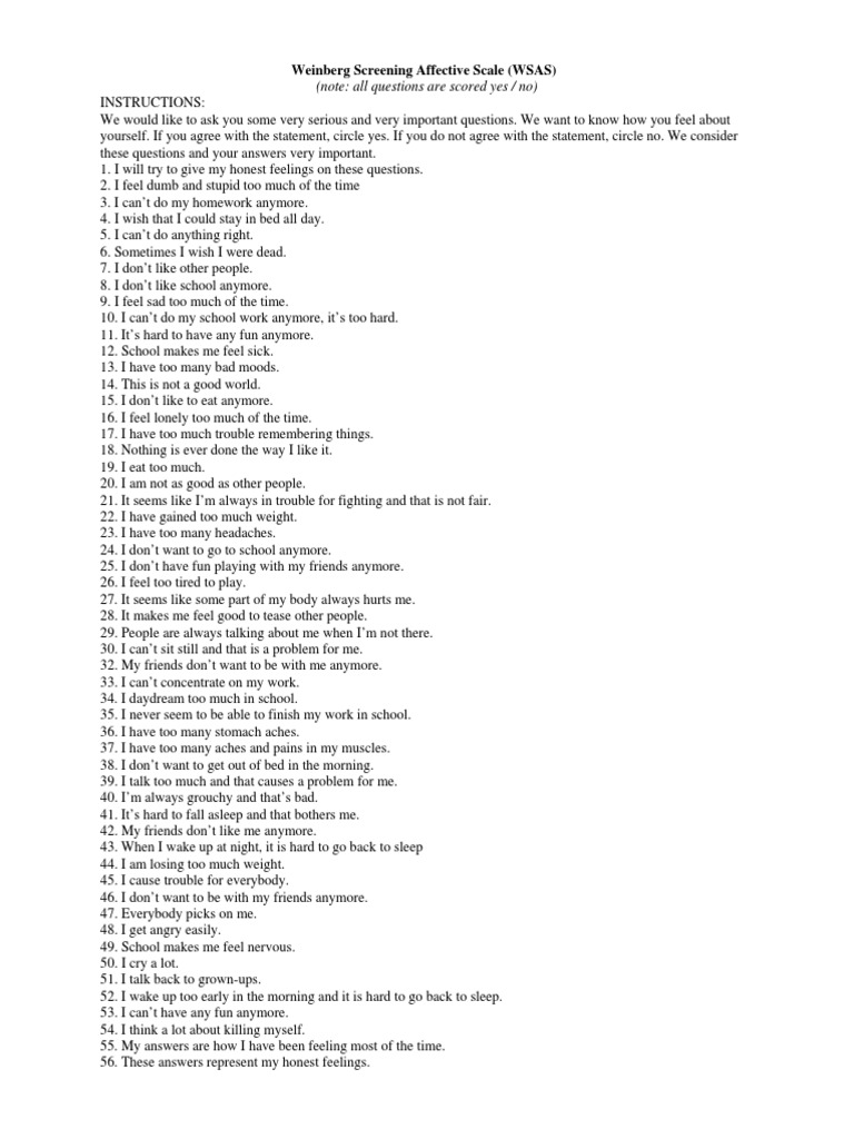 WSAS Depression Screening Scale | PDF | Psychology