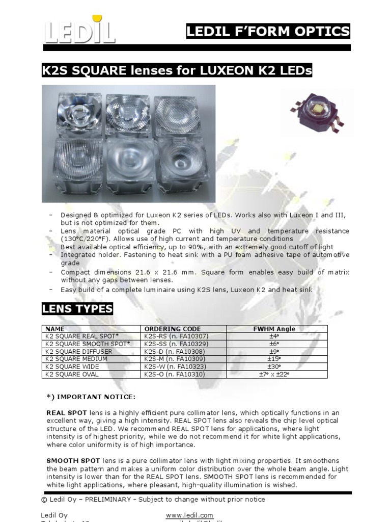 DataSheet K2S | Download Free PDF | Lens (Optics) | Light Emitting Diode