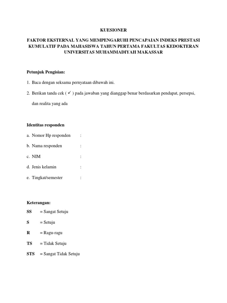 Kuesioner Faktor Eksternal Yang Mempengaruhi Indeks Prestasi Kumulatif ...