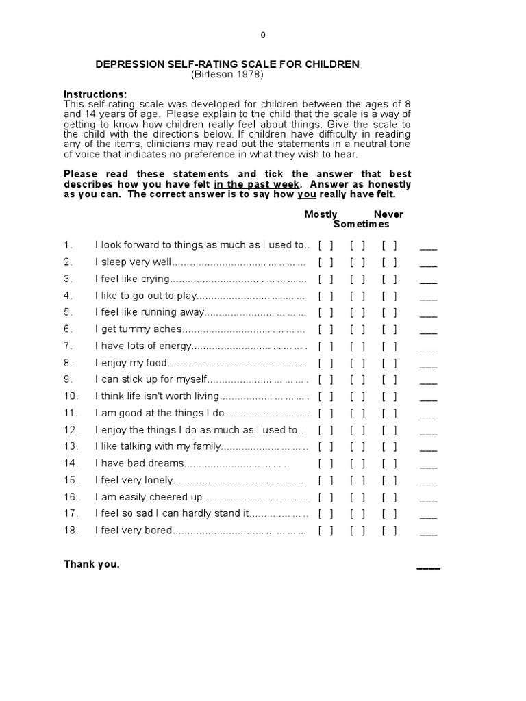 Depression Self-Rating Scale For Children (DSRS) | PDF | Major ...