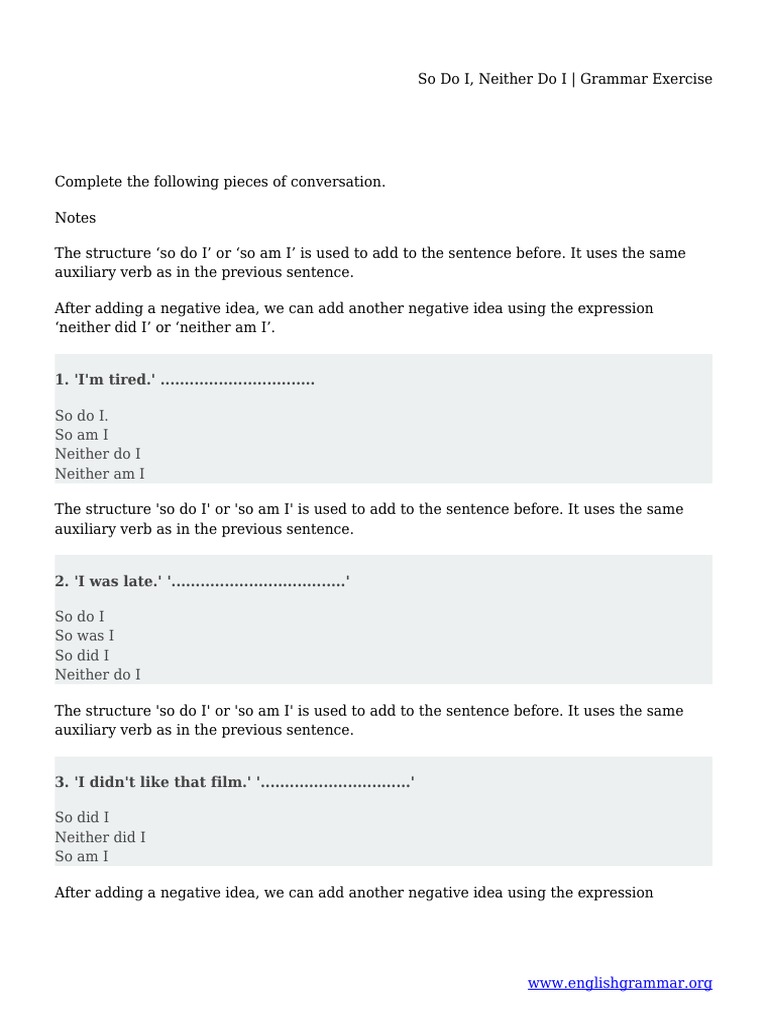 So Do I, Neither Do I - Grammar Exercise | PDF | Verb | Language Mechanics