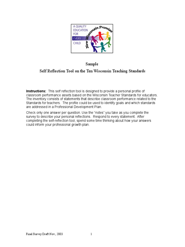 Sample Self Reflection Tool On The Ten Wisconsin Teaching Standards ...