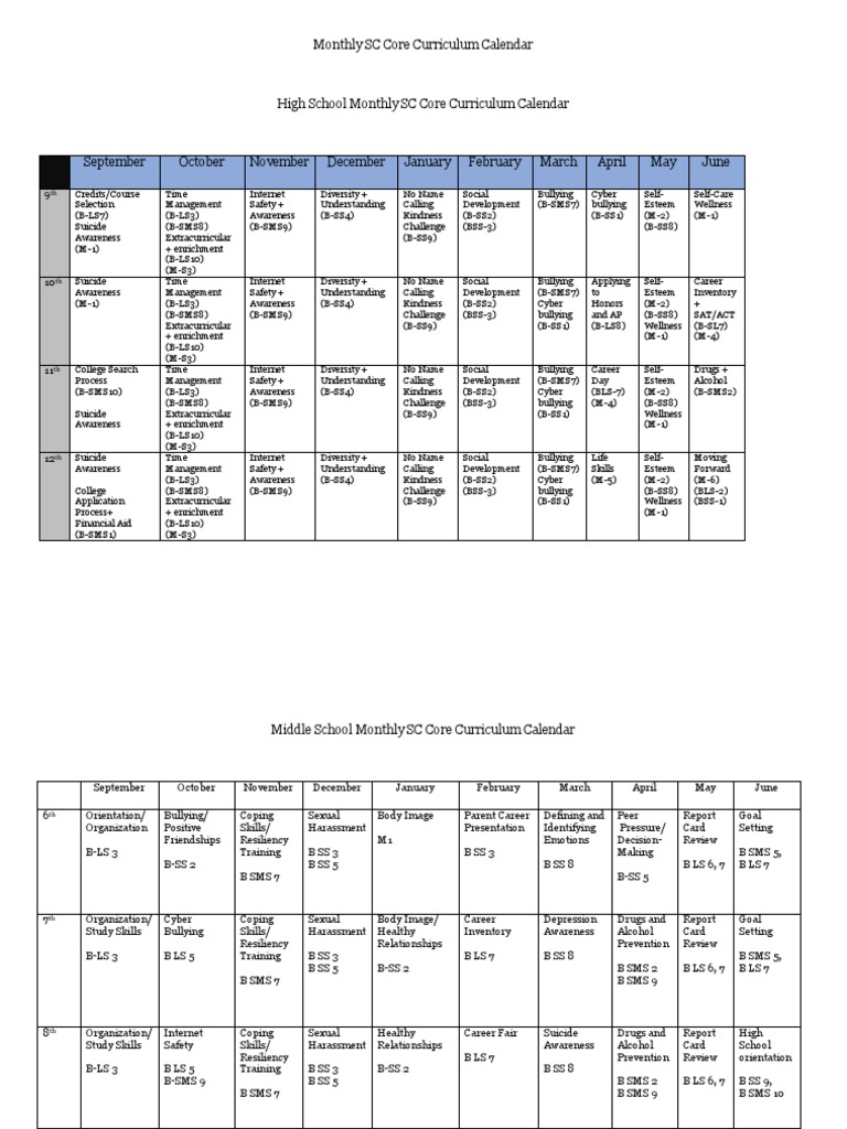 Core Curriculum Calendar Example k-12 | PDF | Empathy | Interpersonal ...
