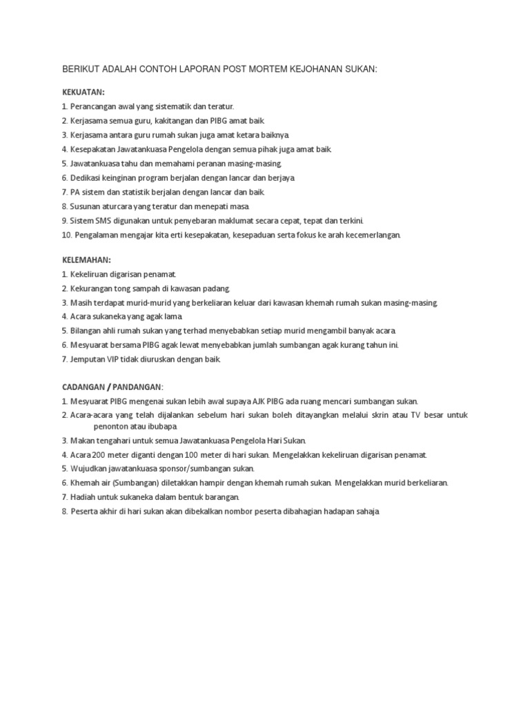 Contoh Laporan Post Mortem Kejohanan Sukan | PDF