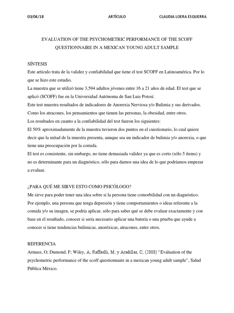 Evaluación del Test SCOFF en México | PDF | Anorexia nerviosa ...