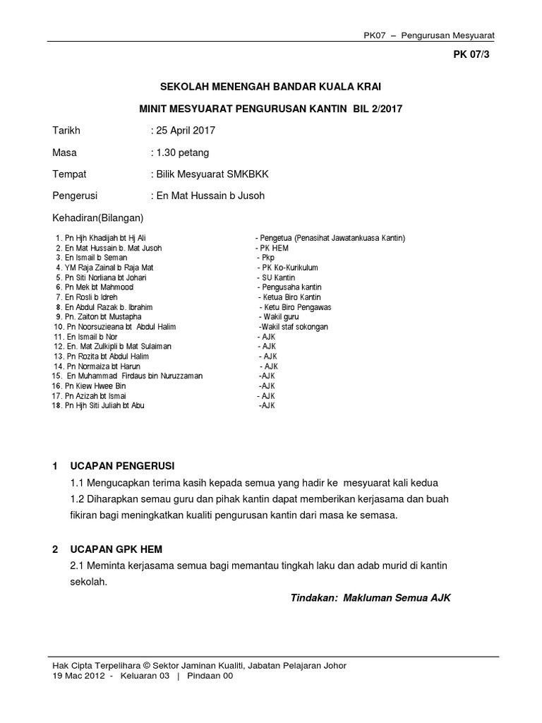 Minit-Mesyuarat-Kantin KALI Kedua 2017 | PDF